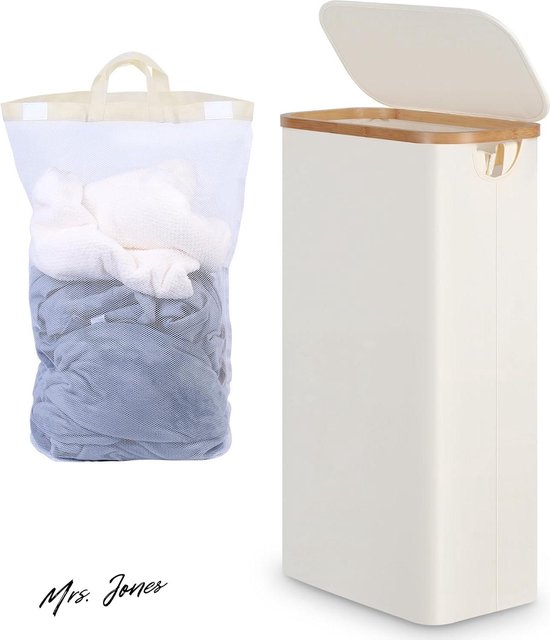 Mrs. Jones slanke wasmand 63 liter met deksel beige opvouwbaar bamboegrepen afneembare... | bol