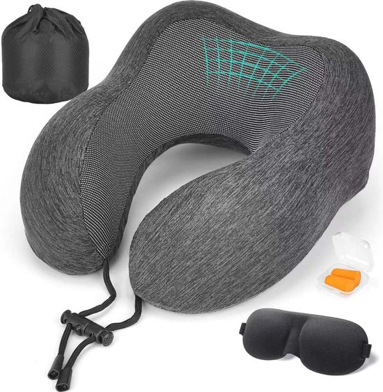 Ergonomisch Nekkussen voor Reis en Thuis | Traagschuim Hoofdkussen met Oordopjes en... | bol