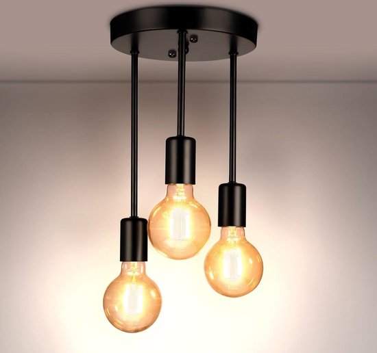 3-lampen Vintage Plafondlamp Zwart E27 Keukenlamp - Hangende Lamp ...