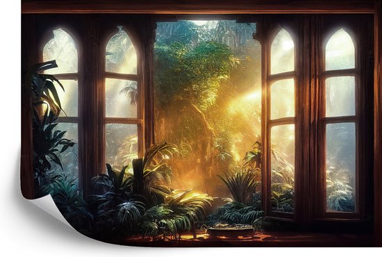 Fotobehang A Large Arch-Shaped Window, A Portal In The Dark Mystical ...