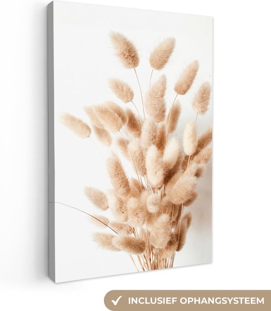 Canvas Schilderij Pampasgras - Pluim - Wit - Beige - 40x60 cm - Wanddecoratie | bol