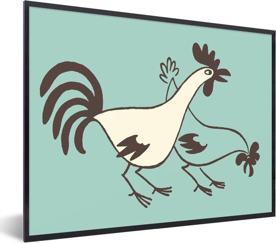 Fotolijst incl. Poster - tekening van twee hanen - 80x60 cm ...