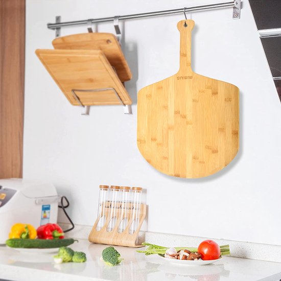 Bamboe pizza scoop, Pizza cutter met opvouwbare houten handvat voor ...