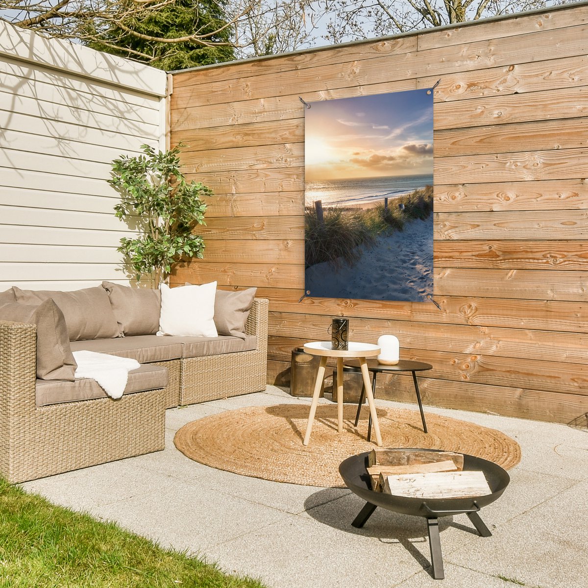 Tuinposters buiten Zonsondergang - Strand - Duin - Gras - Bank - 60x90 ...