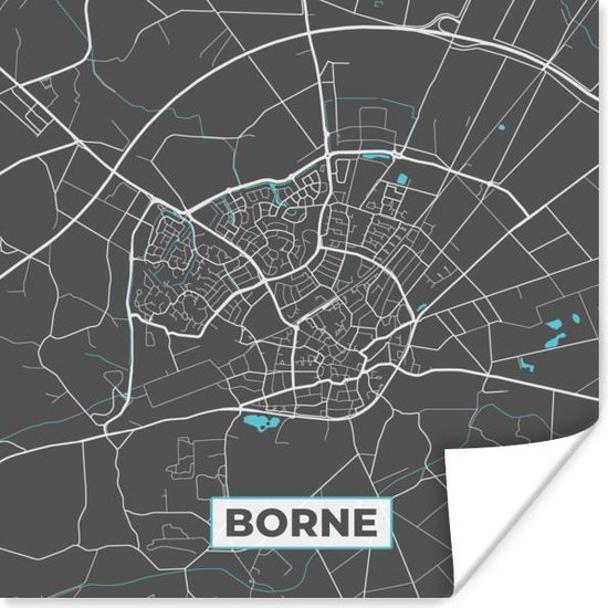 Poster Plattegrond - Borne - Grijs - Blauw - 100x100 cm XXL ...