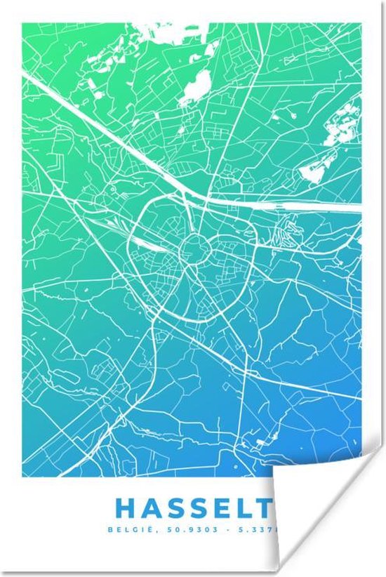Poster Stadskaart - Hasselt - België - Blauw - 80x120 cm - Plattegrond ...