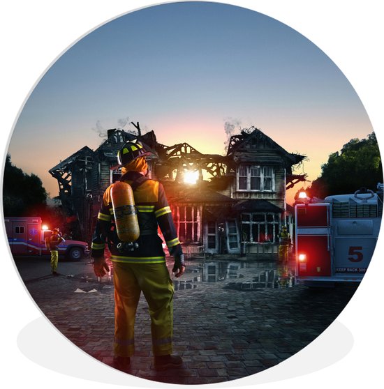 WallCircle - Wandcirkel ⌀ 90 - Brandweerman voor verbrand huis - Ronde ...