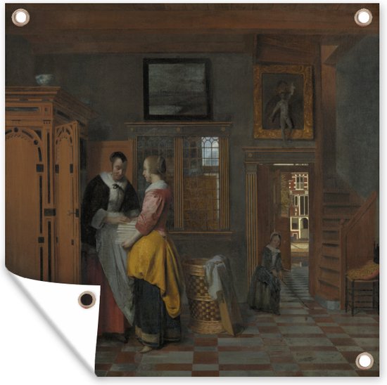 Tuinposters Binnenhuis met vrouwen bij een linnenkast - Schilderij van ...