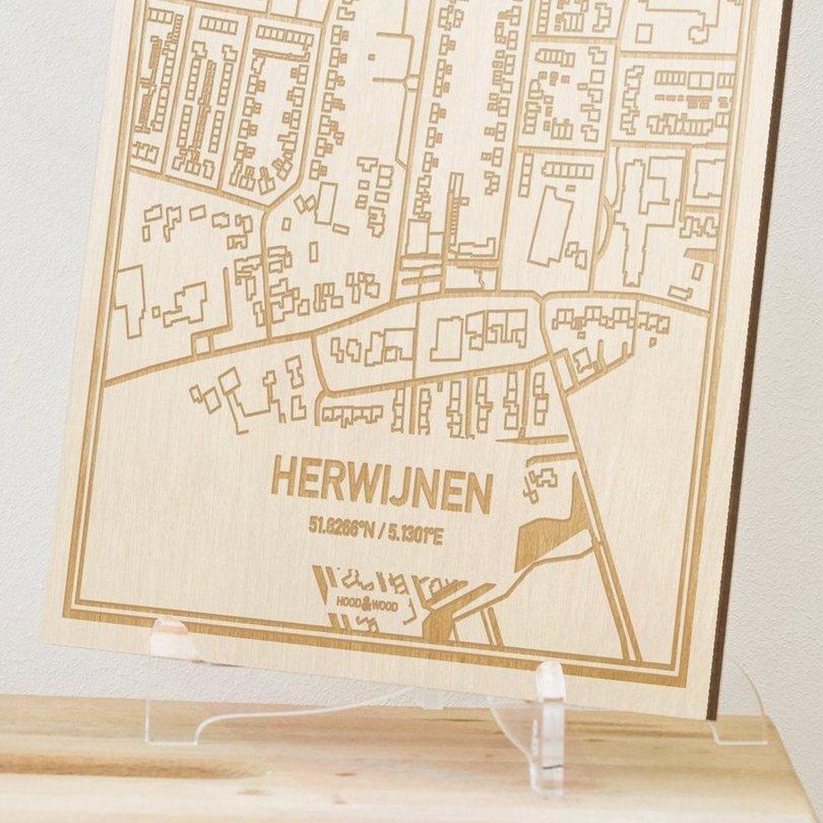 Kaart Herwijnen - Gegraveerde stadskaart Hood&Wood - Hout, A4 | bol.com