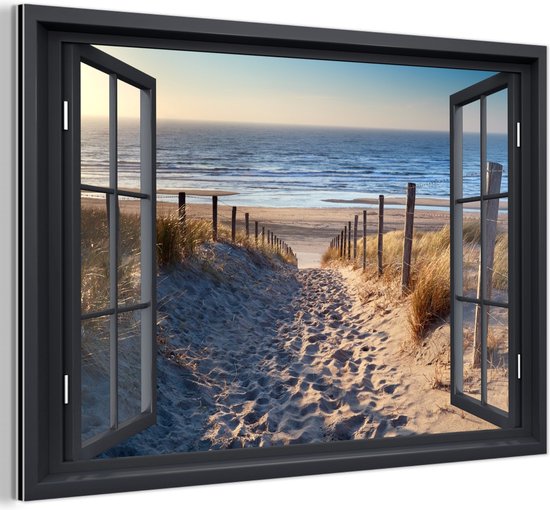 Aluminium schilderij 90x60 cm - Wanddecoratie metaal - Doorkijk - Duinen - Strand -... | bol