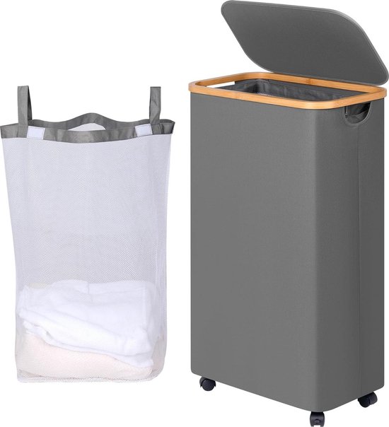 75 liter slanke grijs opvouwbare wasmand met bamboe handgrepen - afneembare zak voor... | bol
