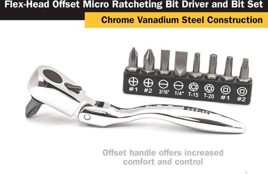 Flex-Head Offset Micro Ratcheting Bit Driver and Bit Set - 4-1/8-inch ...