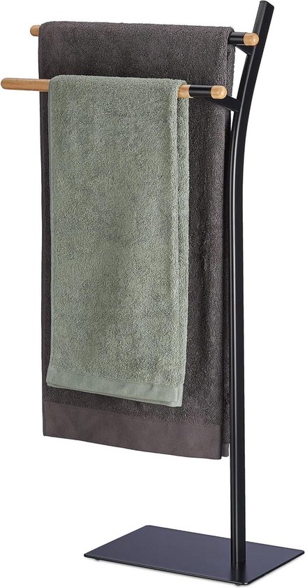 Handdoekrek staand met 2 stangen - 88 x 465 x 20 cm - zwart/natuur - badkamer... | bol
