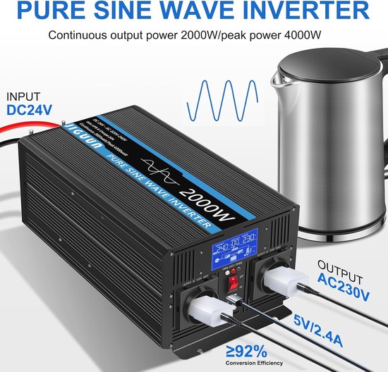 Zuivere sinus omvormer 2000W 24V naar 230V met 20A lader en UPS-functie | bol