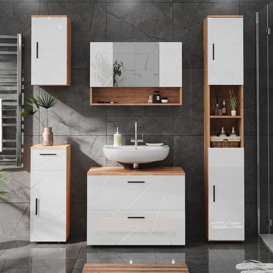 Halfhoge badkamerkast Eiken/Wit Hoogglans 30 x 81 cm | bol