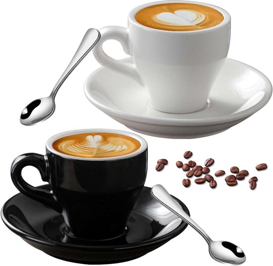 Set of 2 Espresso Cups 80 ml with Saucers and Spoons - Ceramic Coffee ...