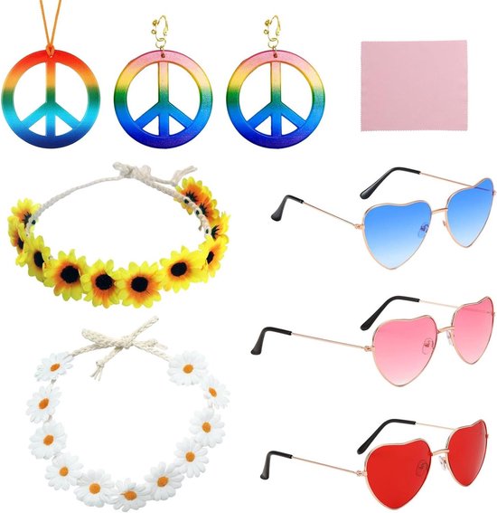7-Piece Hippie Costume Set Including Hippie Glasses, Peace Sign Necklace, and Headband... | bol