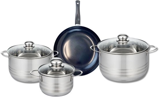 Set van 1 kookpan van 24 cm en 3 braadpannen van 16, 20 en 24 cm Elo ...