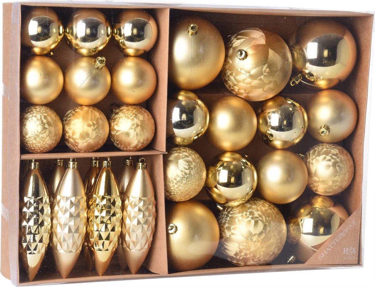 Kerstballen/ornamenten pakket 31x gouden kunststof kerstballen mix ...