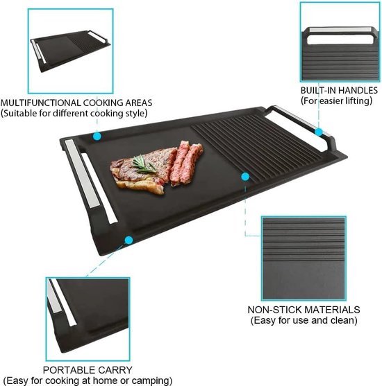 Gietijzeren grillplaat 43 x 23 cm met handgrepen - anti-slip grillpan ...