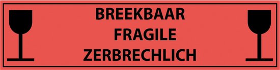 Breekbaar 3-talig sticker, oranje zwart 300 x 75 mm | bol