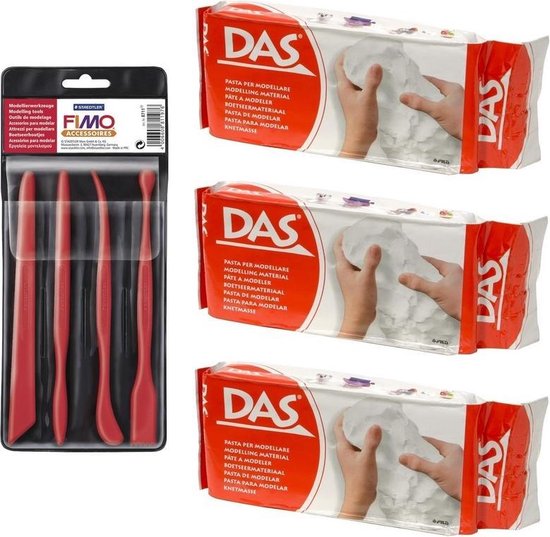 Witte boetseerklei van DAS 3 x 500 gram inclusief boetseer gereedschap ...