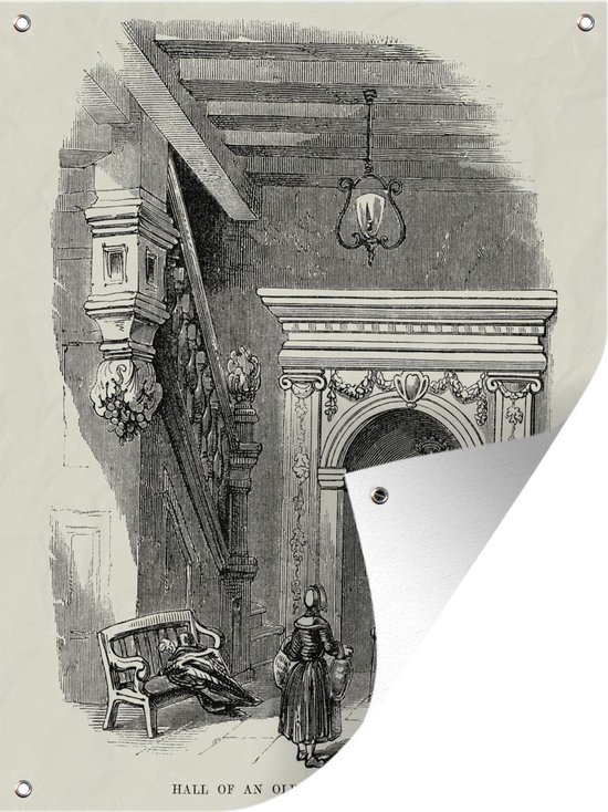 Muurdecoratie buiten Zwart-wit tekening van een hal in een huis in ...