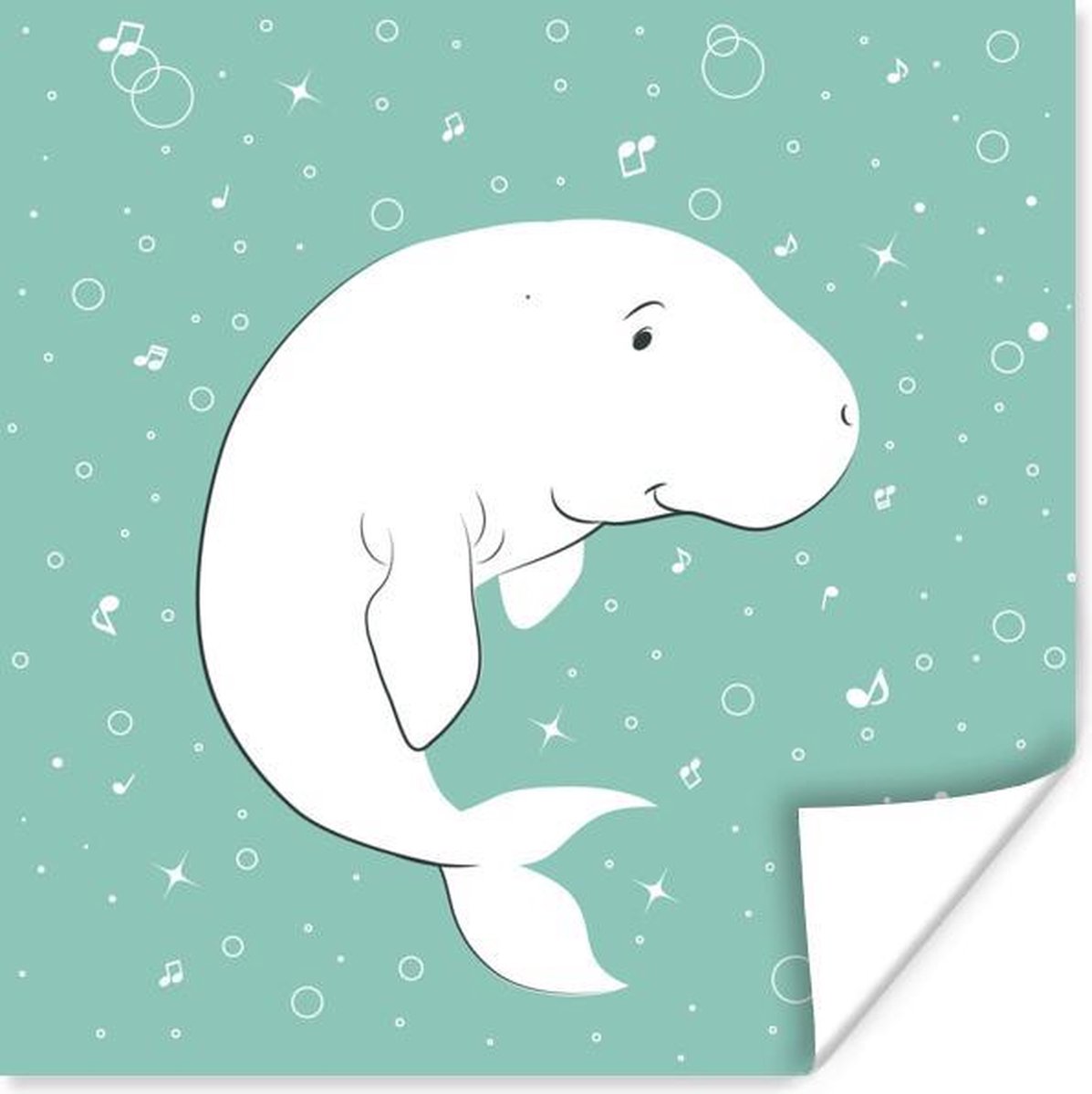 Illustration d'un dugong blanc devant un poster fond vert 100x100 cm ...