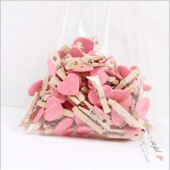 50 Stuks Roze Mini Hartvormige Houten Clips voor Foto's en Decoratie | bol