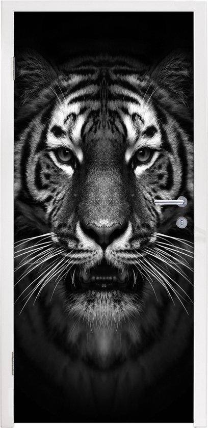 Deursticker Tijger - Dieren - Zwart - Wit - Portret - Wild - 85x215 cm - Deurposter | bol