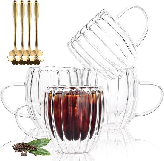 250ml Double Wall Glass Coffee Mugs with Handle - Set of 4 Vertical ...