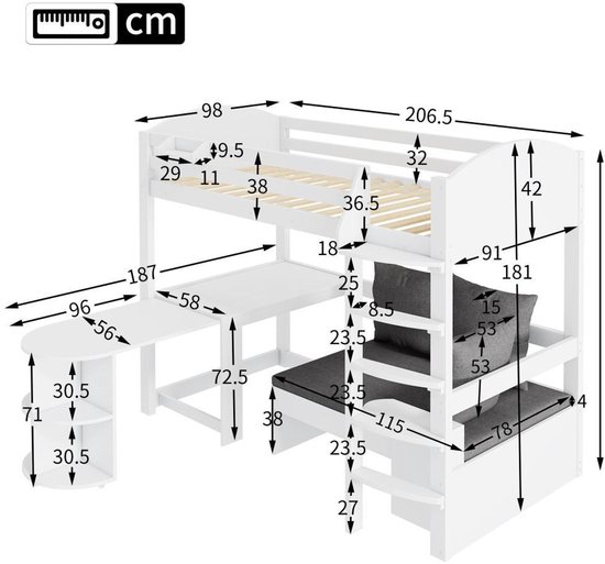 BLACK COLORS Hoogslaper 90×200 cm met ladder, uitschuifbare tafel, bank ...