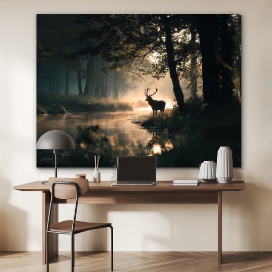Aluminium schilderij 160x120 cm - Wanddecoratie metaal - Hert - Bosbeek ...
