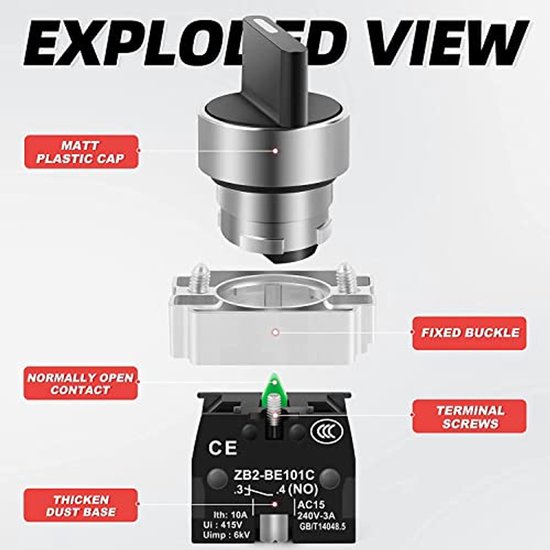 Selector Rotary Latching Switch 1NO 2 Positions SPST, 600V 10A Maintain ...