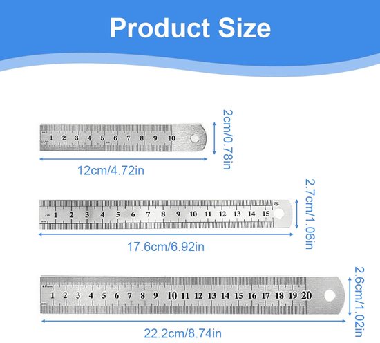 3 Pcs Double Scale Metal Ruler - Dubbelzijdige Metalen Liniaal ...