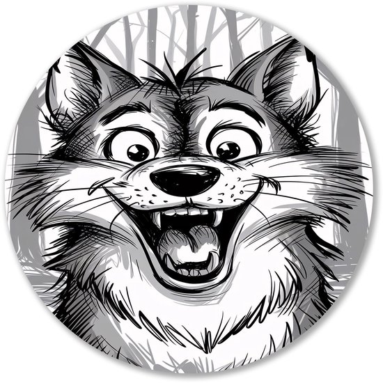 Speelse wolf lijntekening natuur - Wolf muurdecoratie rond - Wandobject ...