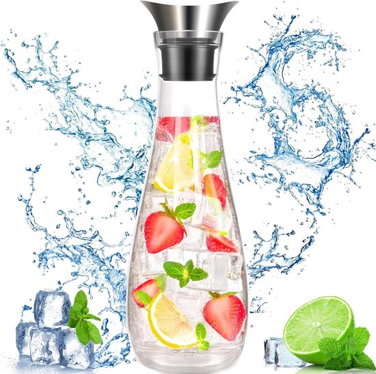 Pichet à Water en verre de 1 500 ml avec couvercle en acier inoxydable – Ideal pour... | bol