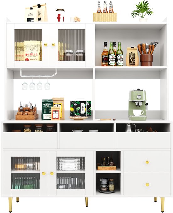 Merax Buffetkast met Glasdeuren 145 cm - Moderne Opbergkast met Wijnrek ...