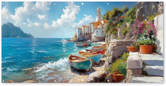 Tuinposter 200x100 cm - Tuindecoratie Boten - Rotsen - Zee - Zon ...