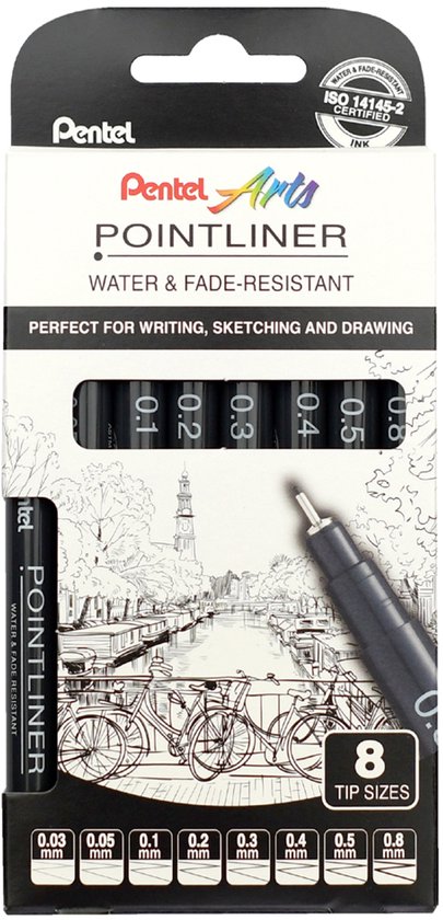 PentelArts permanent fineliner Pointliner, set van 8 | bol