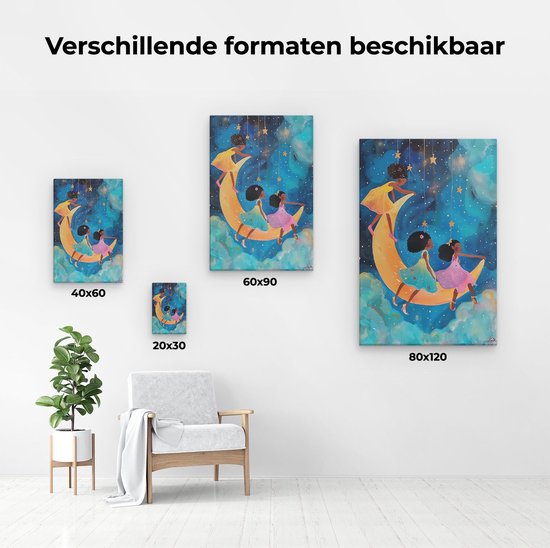 Artaza Canvas Schilderij Drie Meisjes op een Halve Maan - 20x30 cm ...
