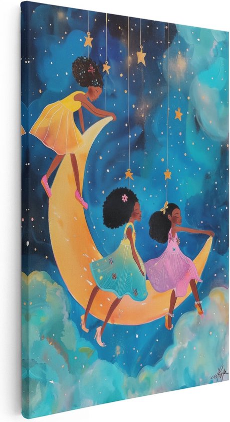 Artaza Canvas Schilderij Drie Meisjes op een Halve Maan - 20x30 cm ...