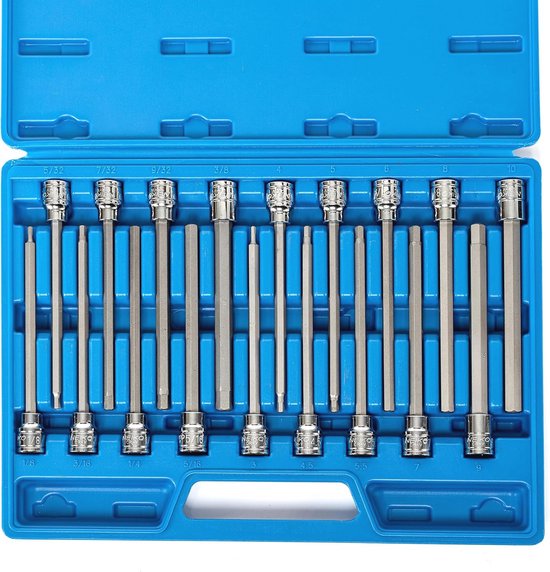 Extra lange inbusbusset - 18-delige SAE en metrische inbusset met 3/8 ...