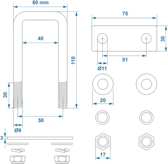 2 x Lashing bracket U-bracket M10 met plaat en moeren - Verzinkt | bol