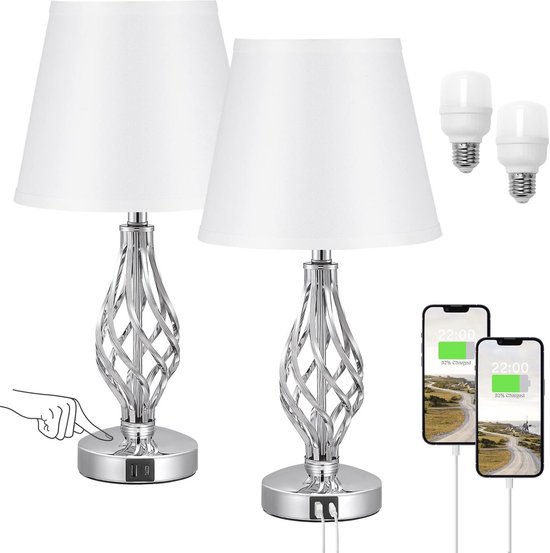 Touch Screen Bedside Lamp Set with 3-Way Dimming and Charging Ports ...