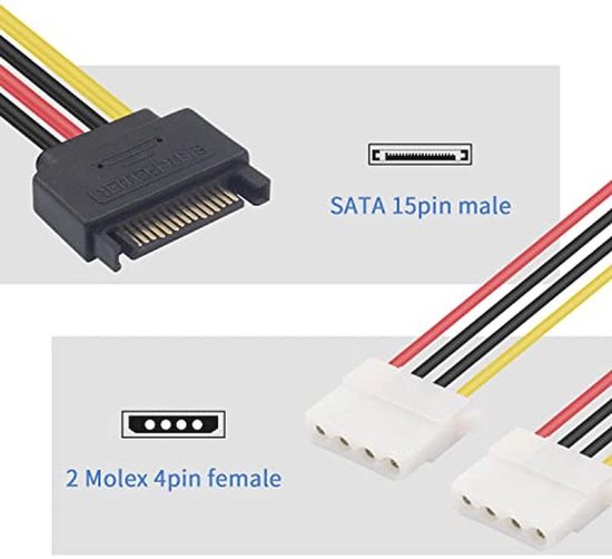 SATA Power Splitter Kabel 20cm - Dubbele 4Pin IDE naar 15Pin SATA Y ...