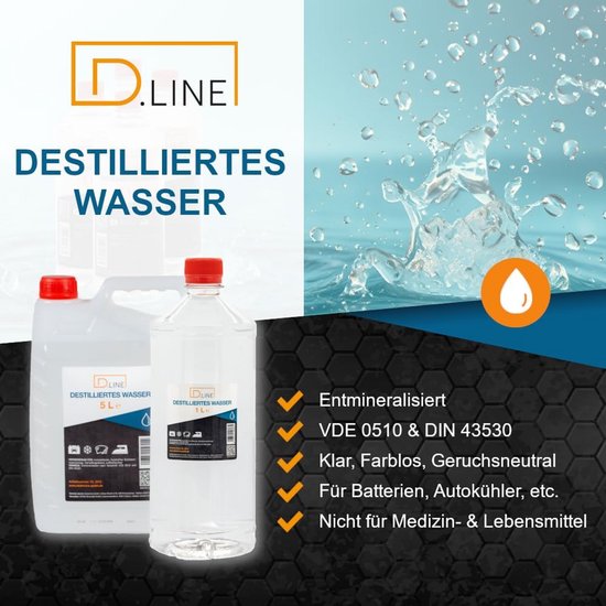 Gedestilleerd Water 1 Liter – Gedemineraliseerd volgens VDE 0510 en DIN ...