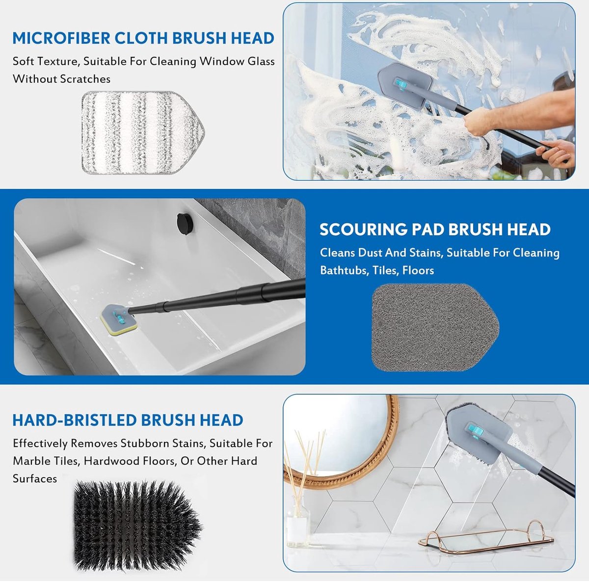 schrobber met steel bad, 3-in-1 reinigingsborstel voor de badkamer ...