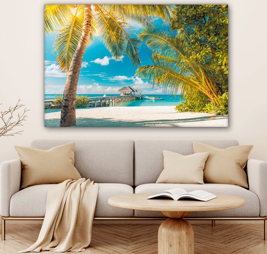 Canvas schilderij 140x90 cm - Wanddecoratie Strand - Palmboom - Zee - Muurdecoratie... | bol