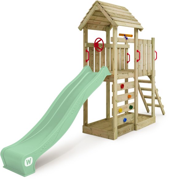 WICKEY speeltoestel klimtoestel JoyFlyer met houten dak & pastelgroene ...